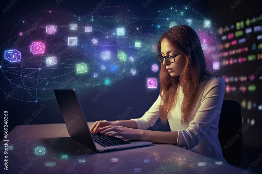 Business woman, lady, student research online, browsing websites ...