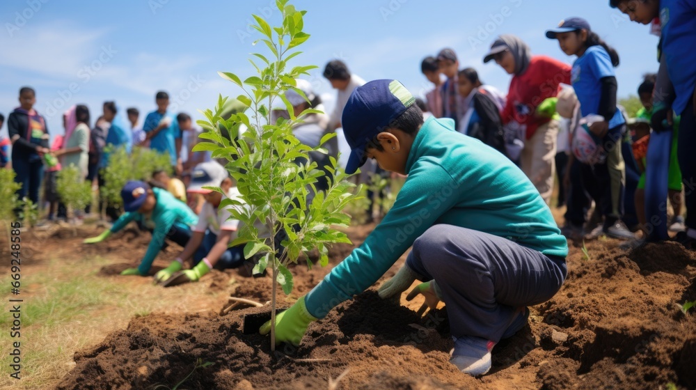 Teachers and elementary school children are planting trees together ...