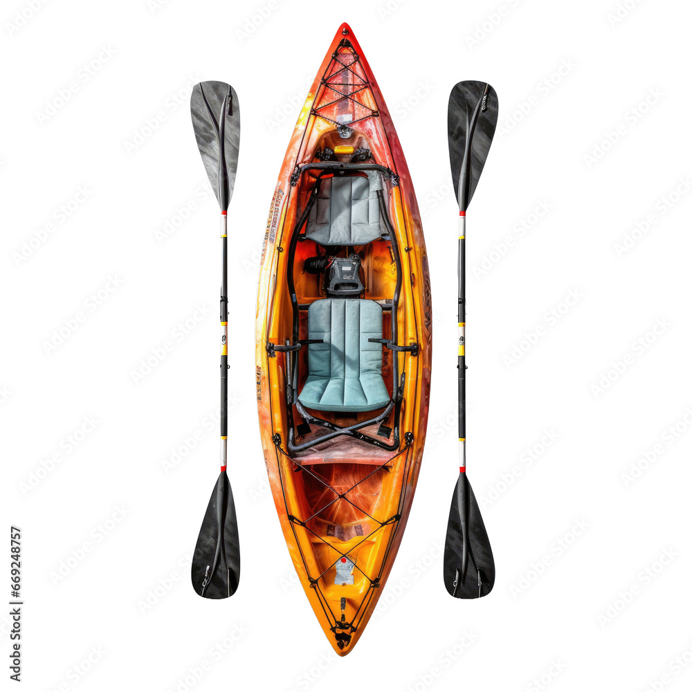 Orange plastic kayak with paddle top view on transparent background ...