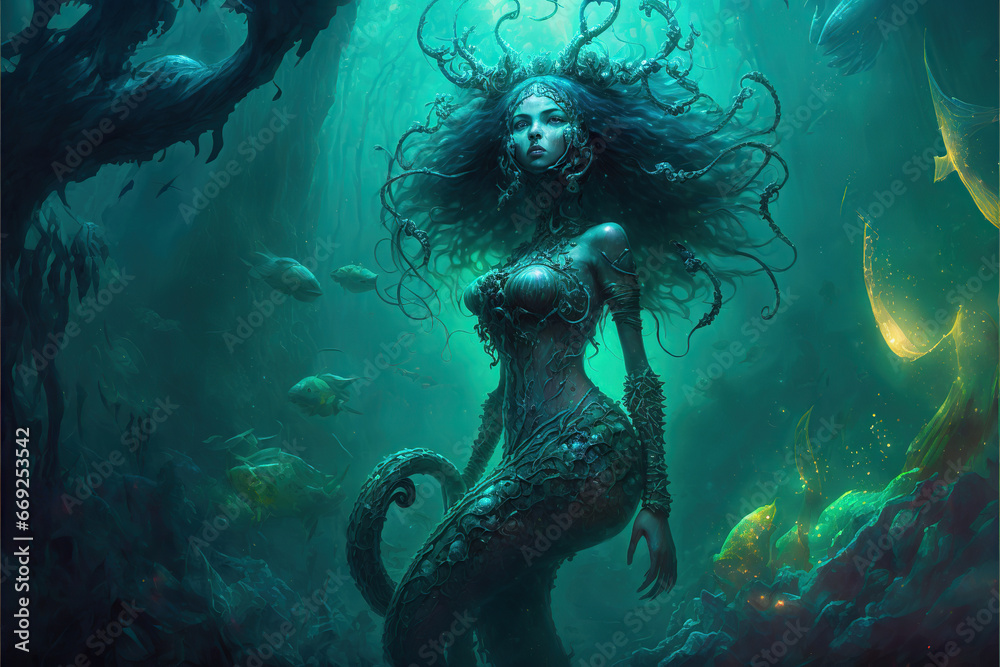 Mermaid Alien wallpaper, underwater. The mermaid has long, green hair that flows around her head ...