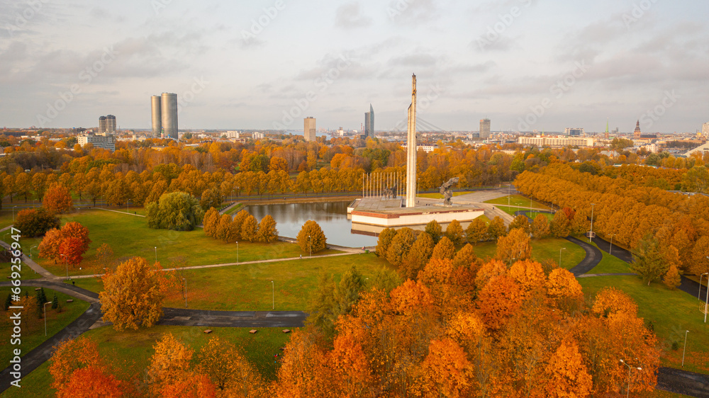 Aerial photo from drone to of Victory Monument In Riga (Uzvaras ...