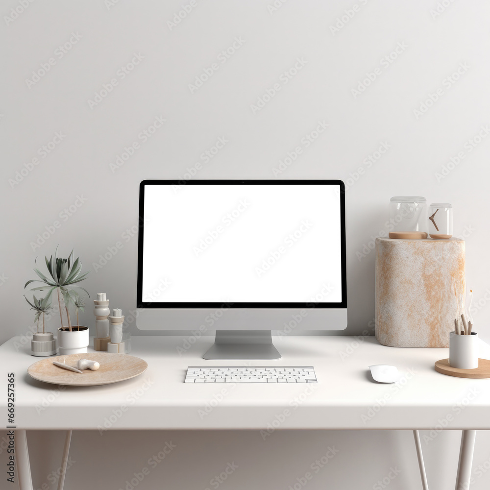 Modern personal computer with a blank white screen, keyboard, and ...