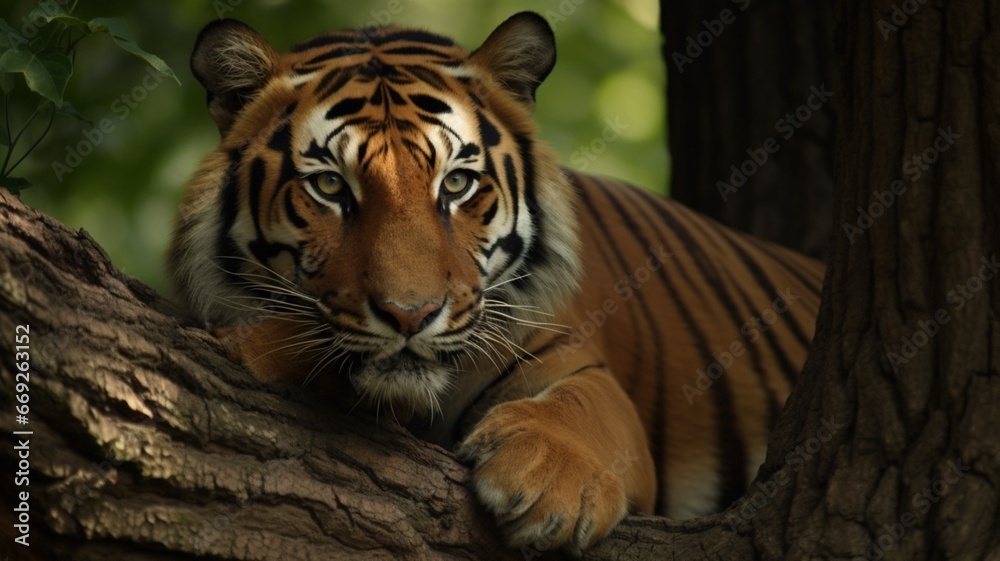 Royal bengal tiger crawling down tree climbing animal illustration image AI generated art Stock ...