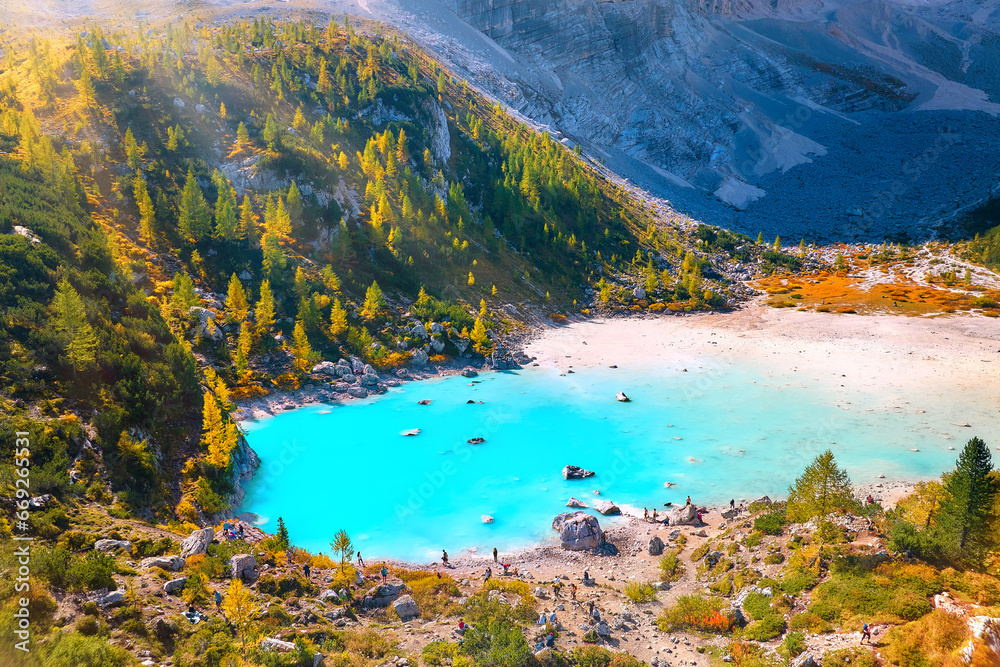 Colorful Autumn in the Dolomites. Aerial view of the glacial lake Lago ...