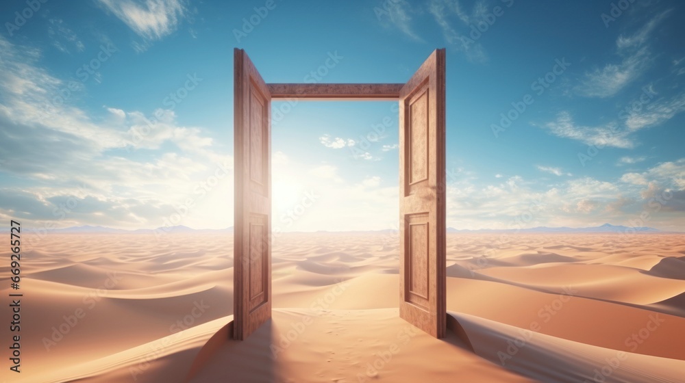 Wooden double door standing open in desert. Yellow desert, dunes, blue ... Wooden double door standing open in desert. Yellow desert, dunes, blue ...