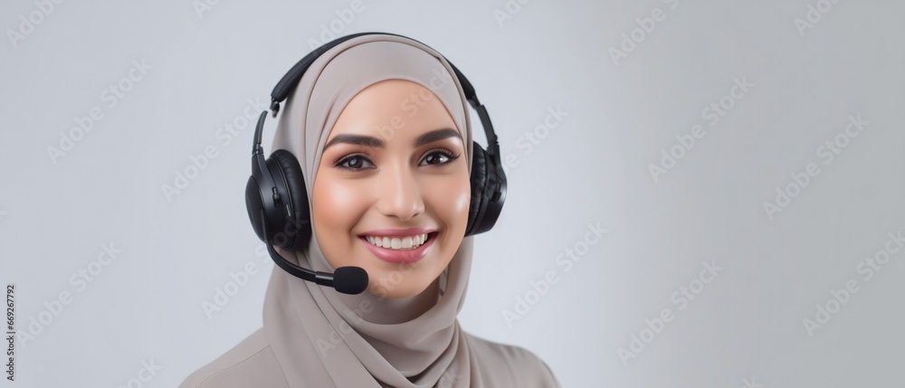 Call center, muslim young woman and smile in contact us with CRM ...