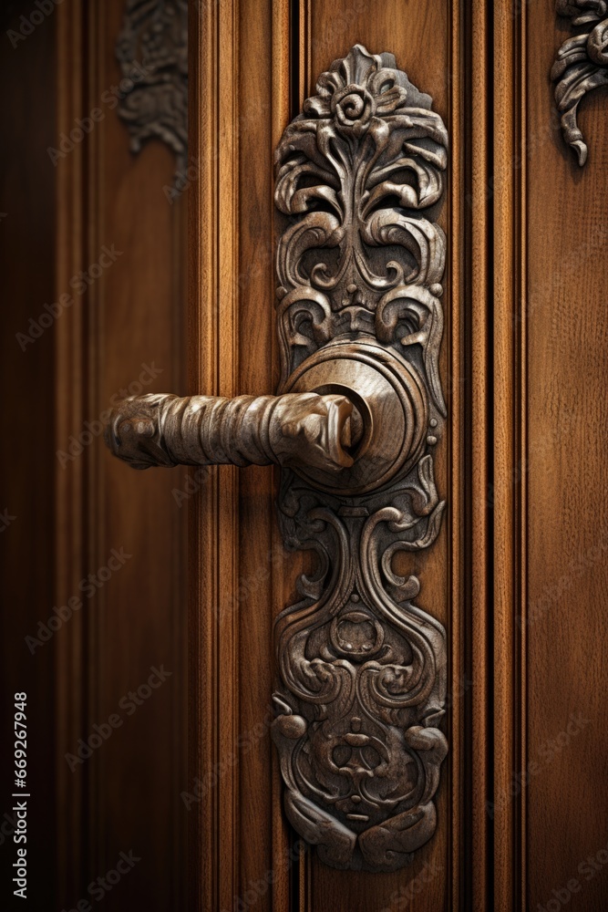 A close-up view of a door handle on a wooden door. This picture can be ...