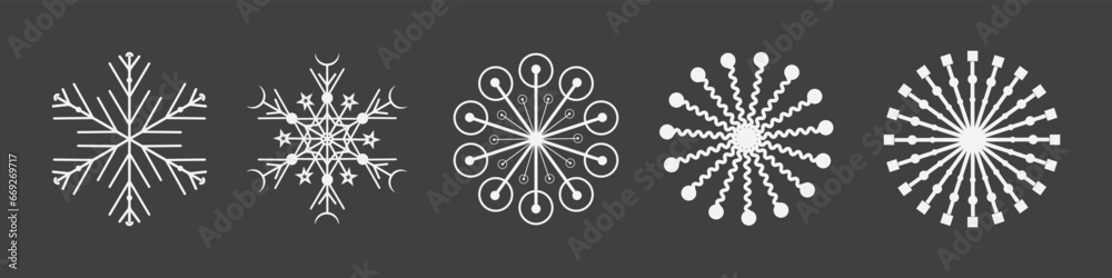 Snowflake variations icon collection . Doodle line snow icons, hand ...