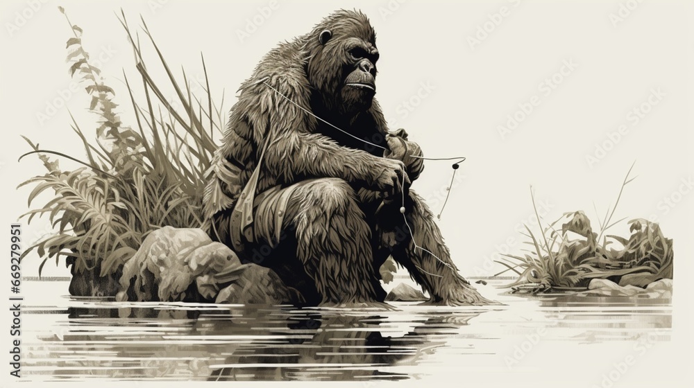 Bigfoot fishing vector white bg high detail animal image AI generated ...