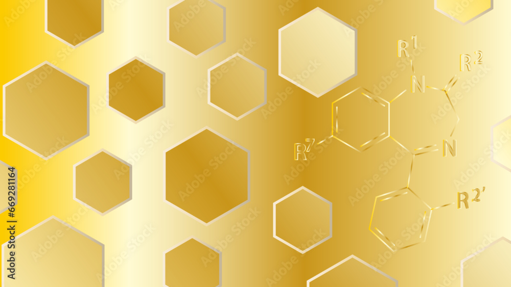 Golden hexagonal background with chemical formula of benzodiazepine ...