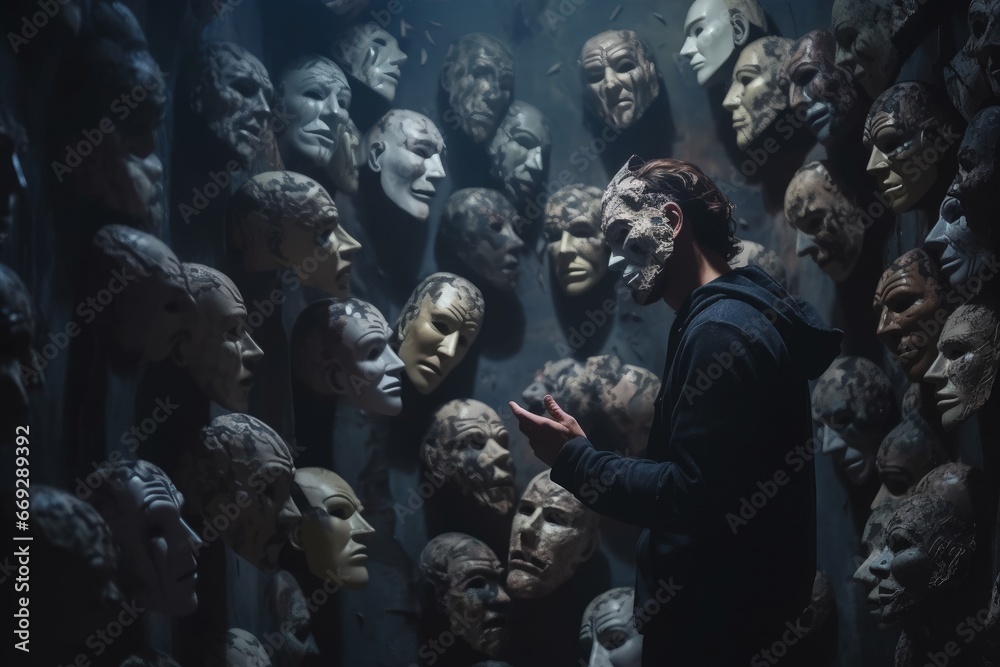 Fake emotion, play a role concept. Character holds masks our face with ...