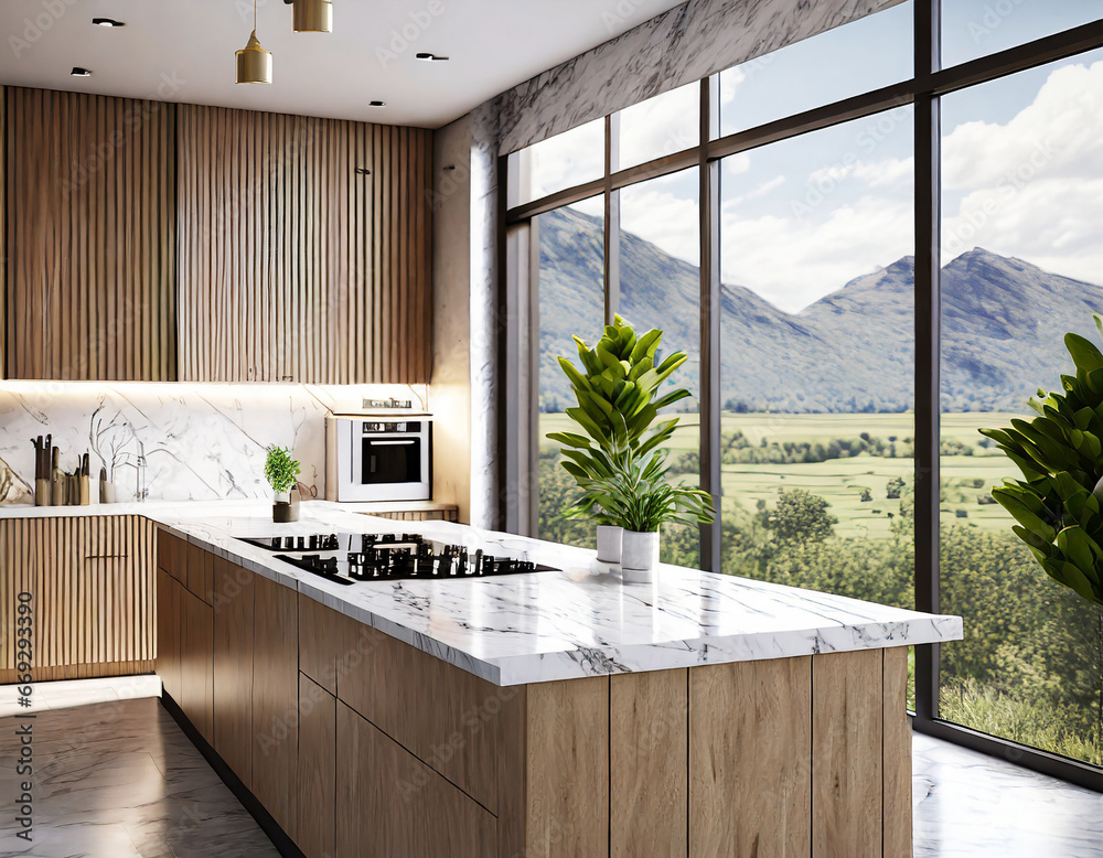 Modern luxury contemporary style u shape kitchen counter design idea 3d ...