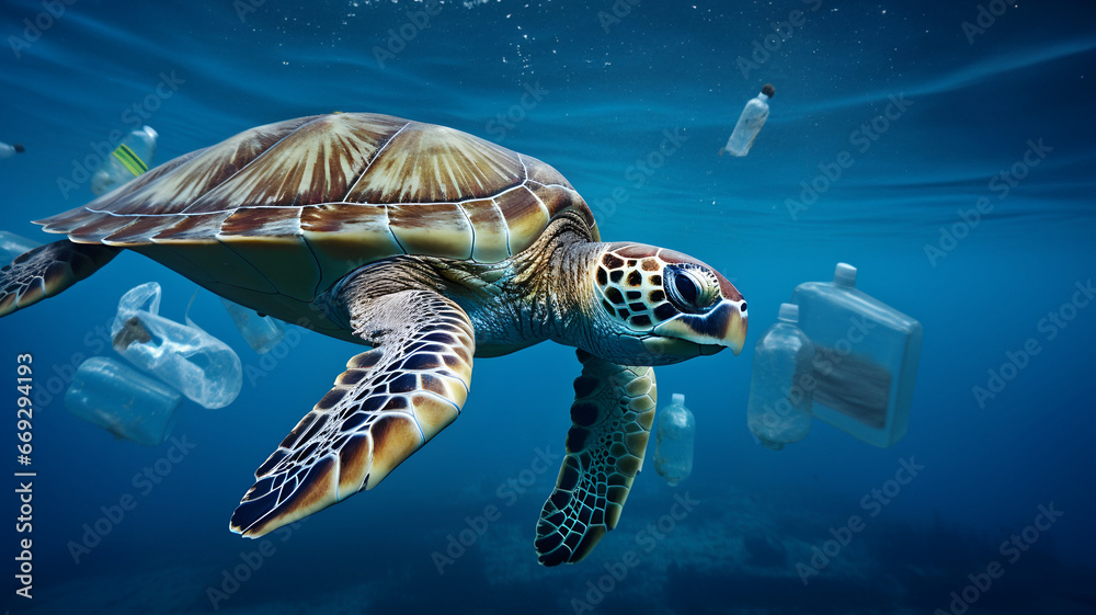 Turtle swimming in a polluted sea, Tortoise, pollution, plastic waste ...