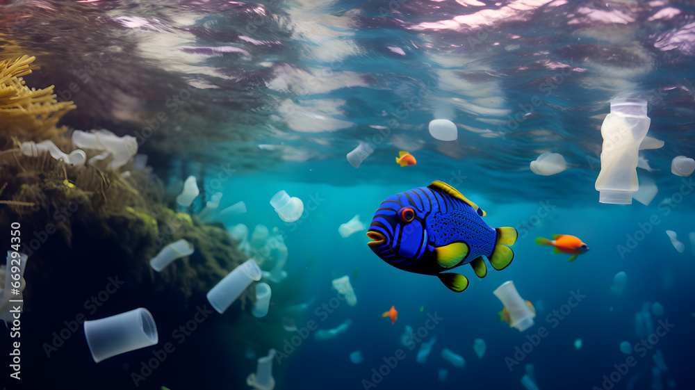 tropical fish swimming in a polluted sea, pollution, plastic waste in ...