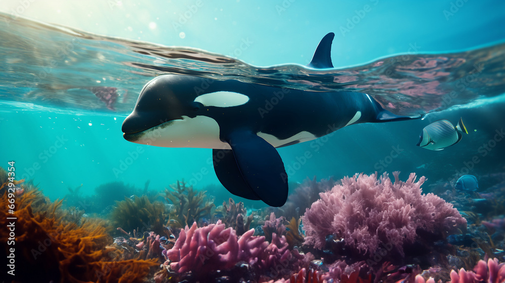 Orca swimming in the ocean, killer whale in the sea, underwater picture ...