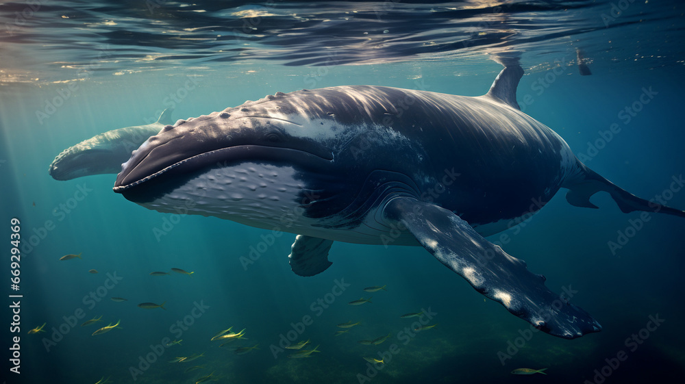 Blue whale swimming in the ocean, whale in the sea, underwater picture ...