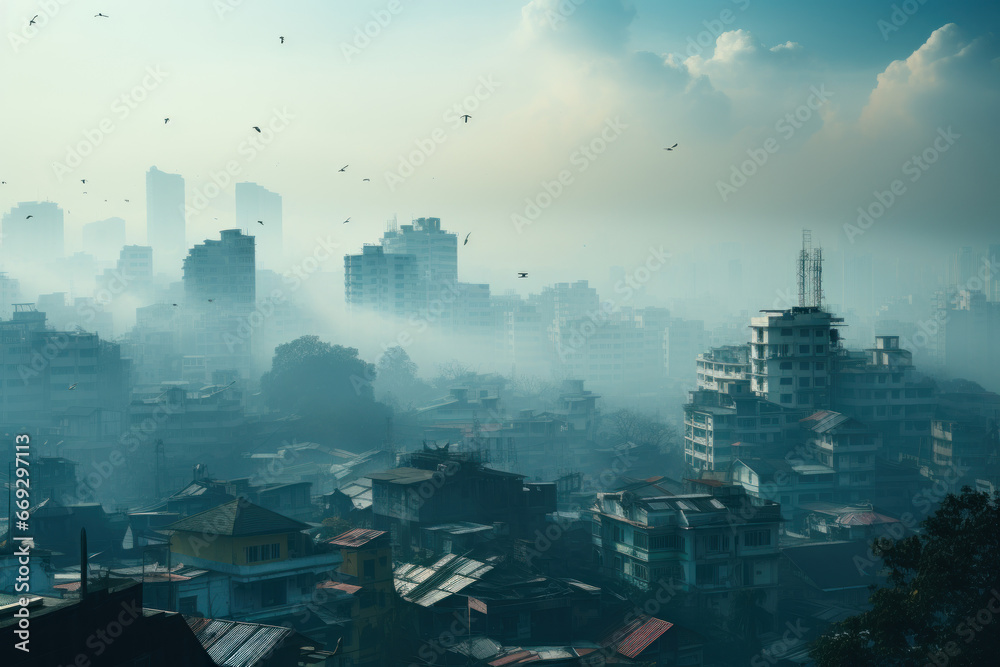 Smog-covered cityscape with buildings barely visible in the haze ...