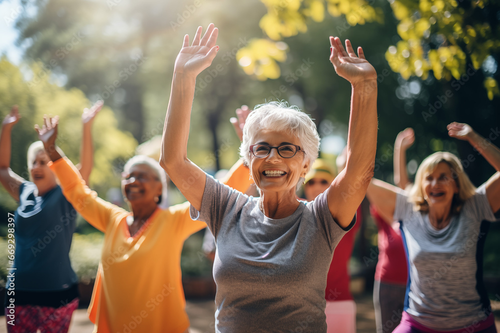 Close up of a elderly caucasian woman in exercising class outdoors in a ...