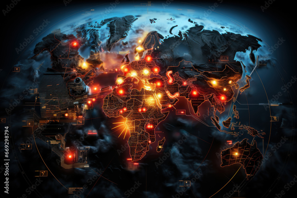 A global map with real-time cyber threat indicators, highlighting the ...
