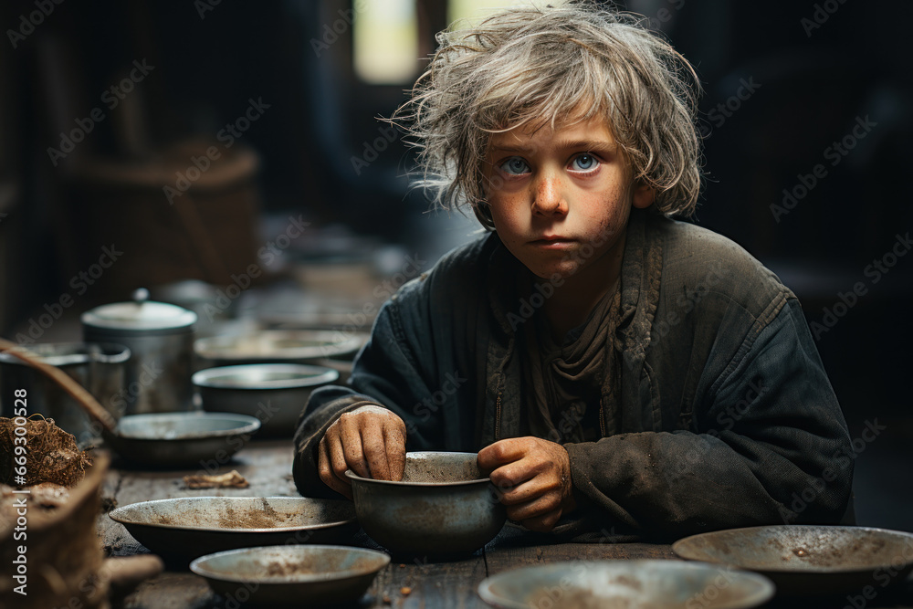 A young child with a frail body and a bowl with empty plates ...