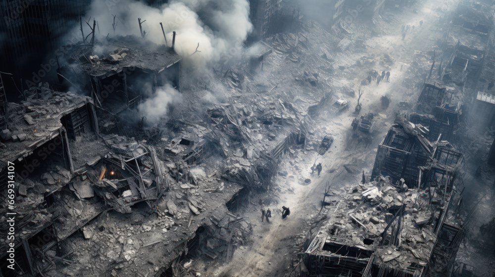 Aerial view of destroyed city, urban destructions, buildings ruins due ...