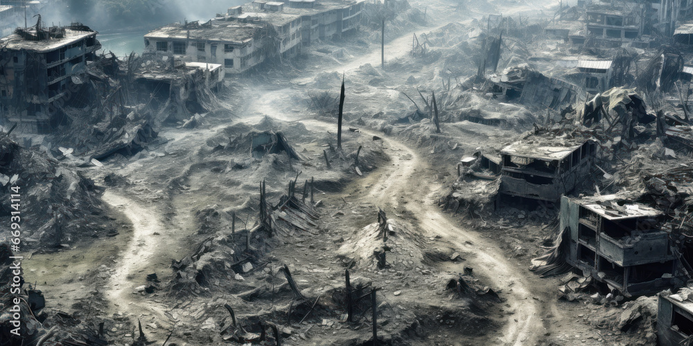 Aerial view of destroyed city, buildings ruins due to war in Middle ...