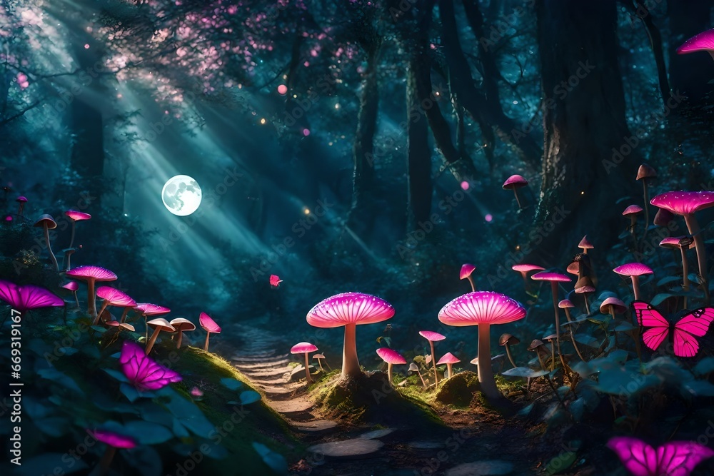 Fantasy Magical Mushrooms and Butterfly in enchanted Fairy Tale dreamy elf Forest with fabulous ...