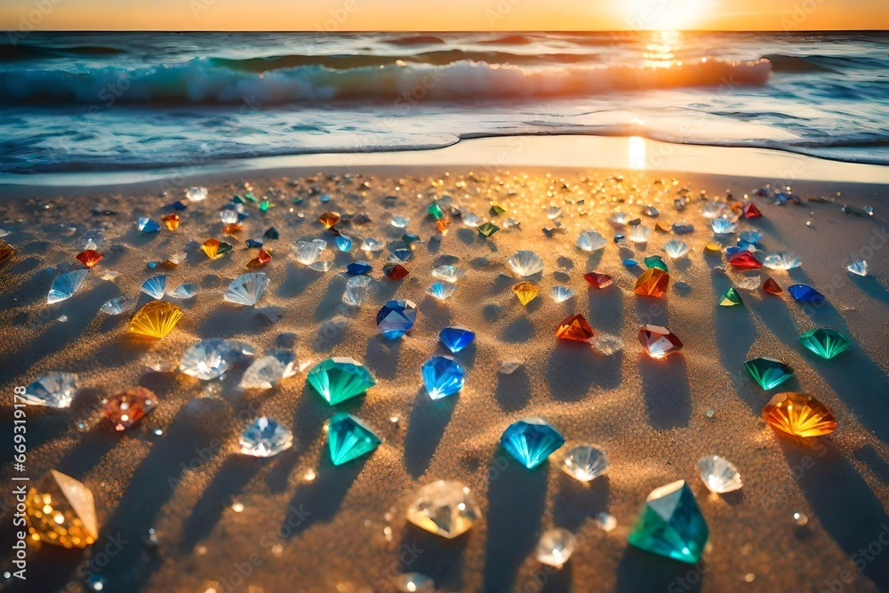 Colorful diamonds on the beach. Each diamond caught the glimmer of the ...
