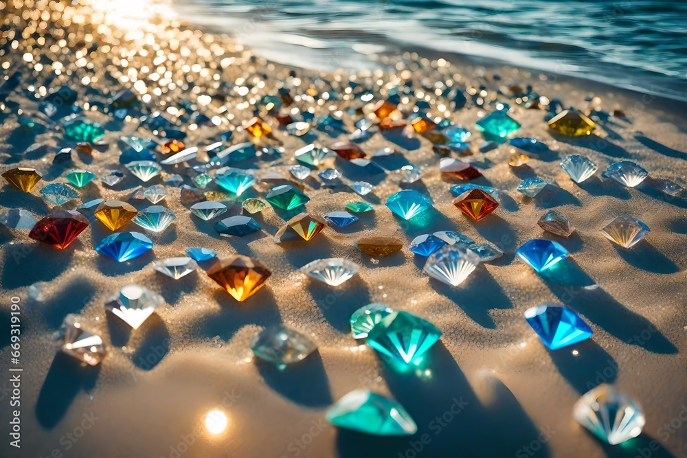 Colorful diamonds on the beach. Each diamond caught the glimmer of the ...