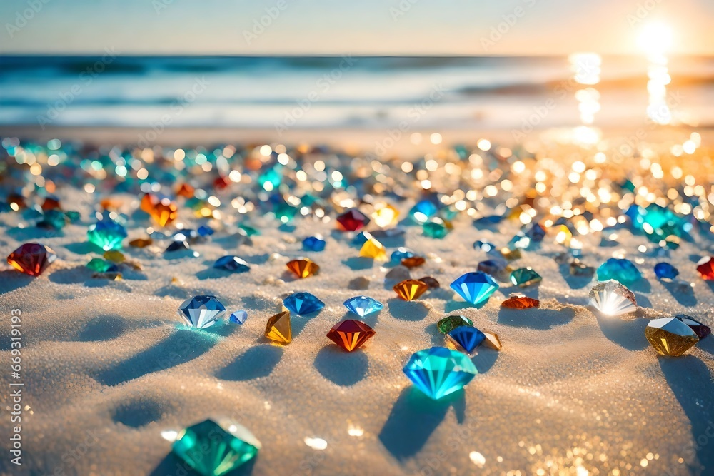Colorful diamonds on the beach. Each diamond caught the glimmer of the ...