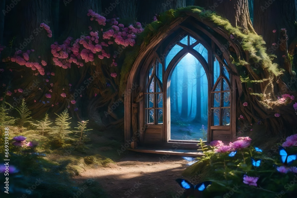 Fantasy fairy tale forest with magical shining window of enchanted elf ...