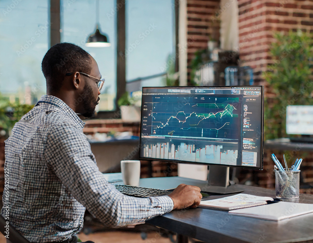 Analyst Works on Personal Computer Showing business analytics dashboard ...