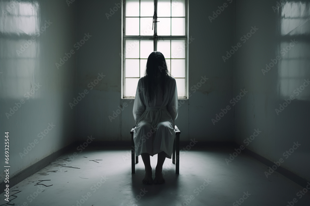 A woman in a psychiatric hospital in a locked white room, wearing a ...