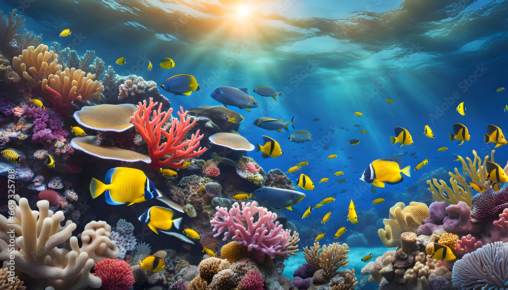 tropical coral reefs, deep sea wallpaper with colorful shells, fish ...