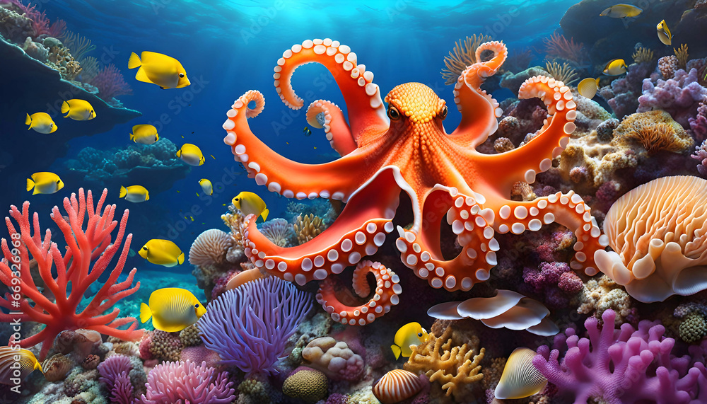 tropical coral reefs, deep sea wallpaper with octopus, shells, fish in ...