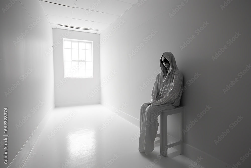 The silhouette of a ghost on a chair in an empty white room. Faceless ...