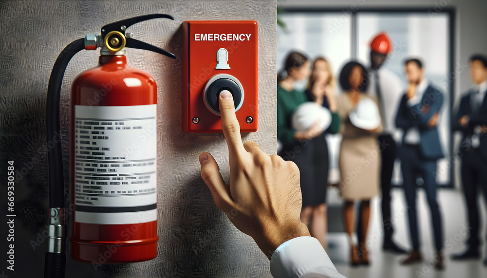Activating emergency button. Finger presses a button near fire ...