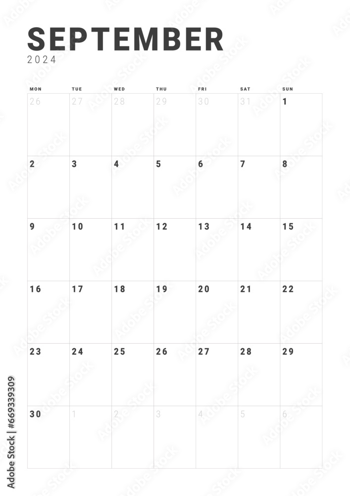 Vetor de Monthly page Calendar Planner Templates of September 2024 ...