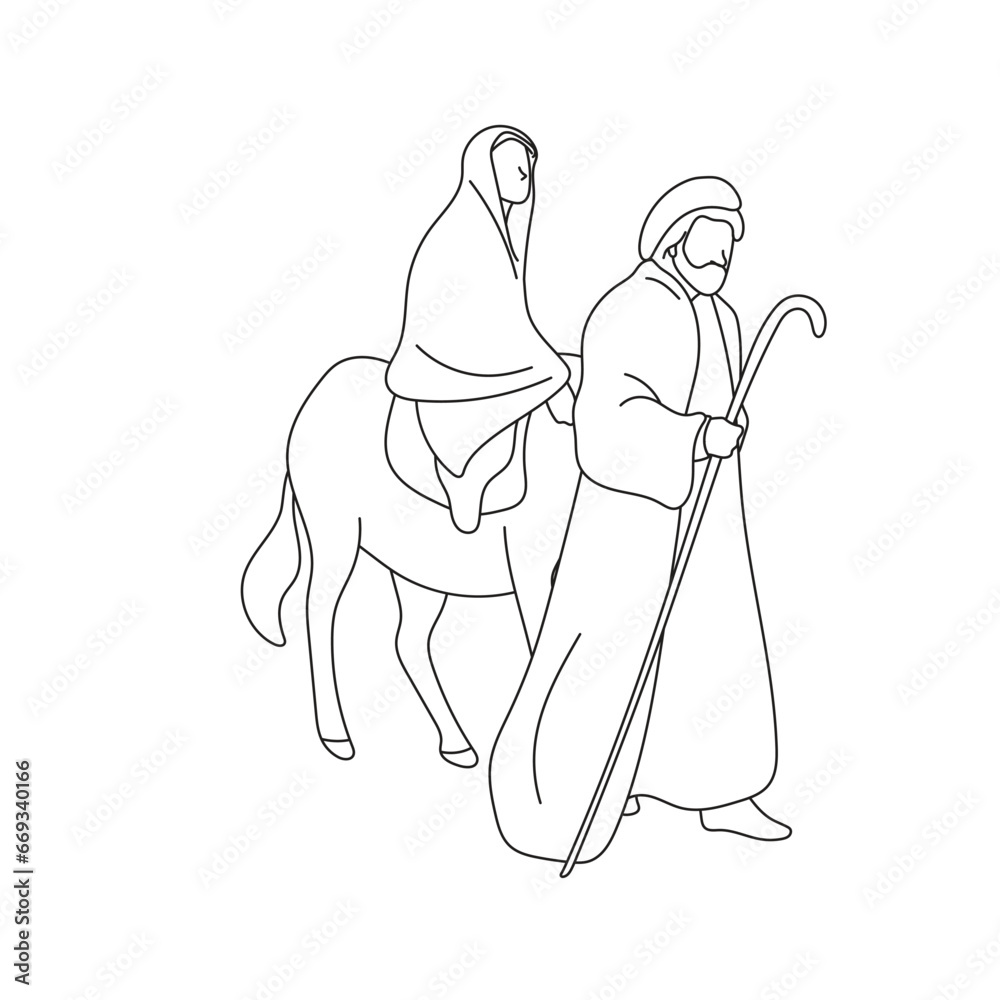 Joseph and pregnant Mary riding on donkey illustration vector hand ...