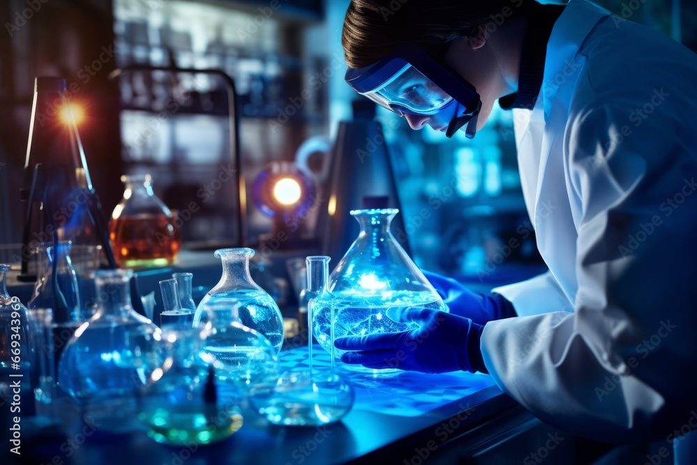 Science Experiment with Vibrant Blue Illumination, Scientific ...