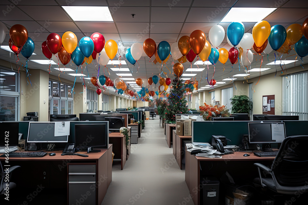 an office with balloons hanging from the ceiling and computer desks on ...