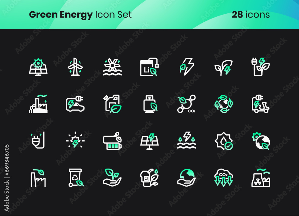 Green energy icon set. Collection of editable line icons designed to ...