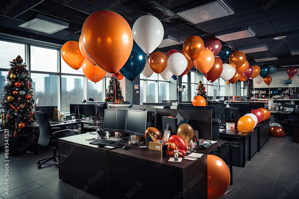 an office decorated for christmas with balloons and other decorations ...