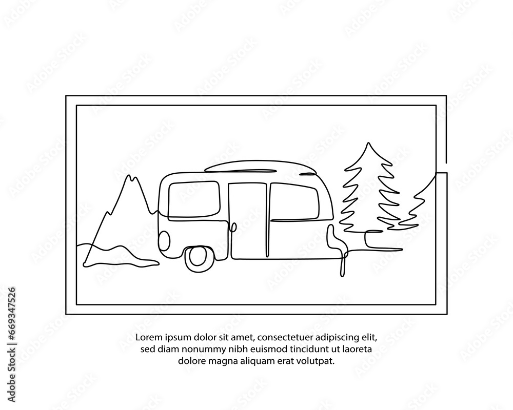 One line of camping activity poster drawing with a beautiful frame ...