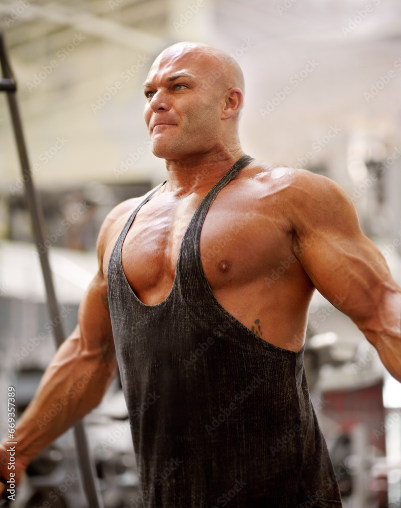 Body builder, exercise and man in a gym with power, weightlifting ...