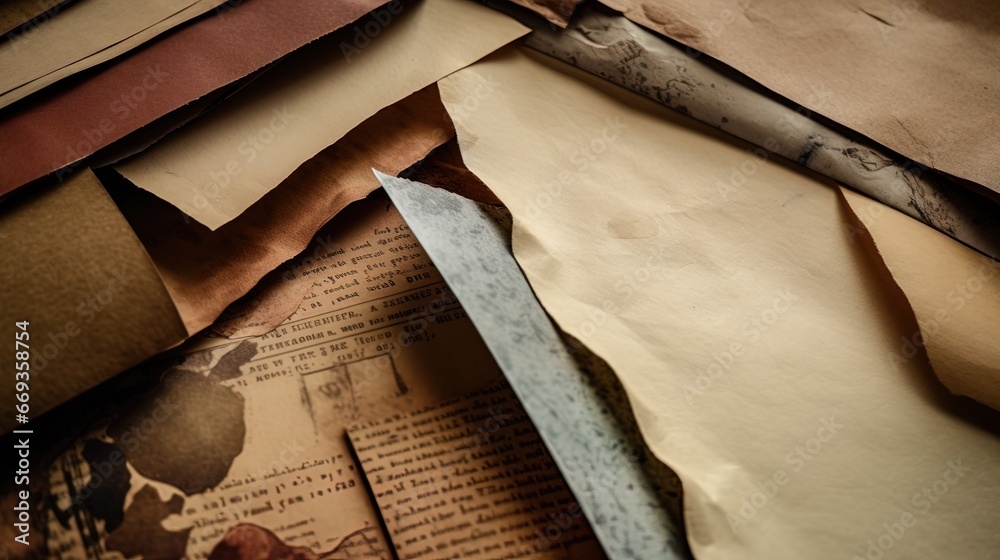 close up top view full vintage of Paper Scraps cutouts of authentic ...