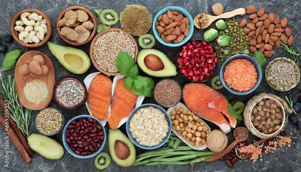 High fibre health food concept with super foods high in antioxidants ...