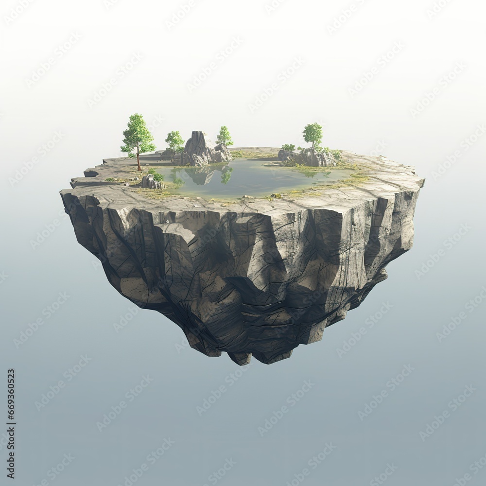 Fantasy floating island with rock surface isolated on white background ...