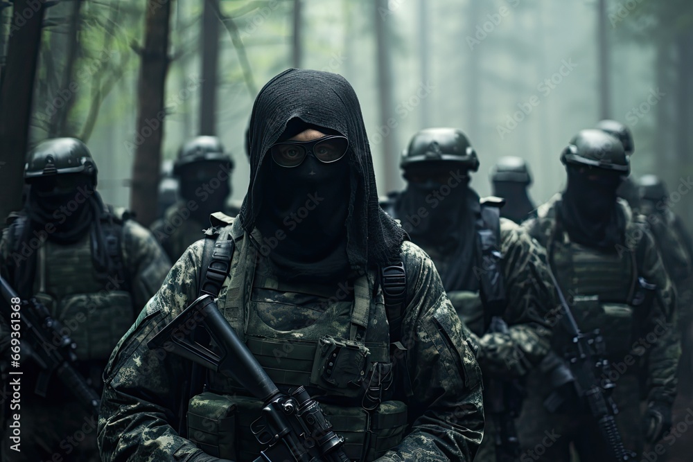 Portrait of a group of special forces soldiers in the dark forest ...