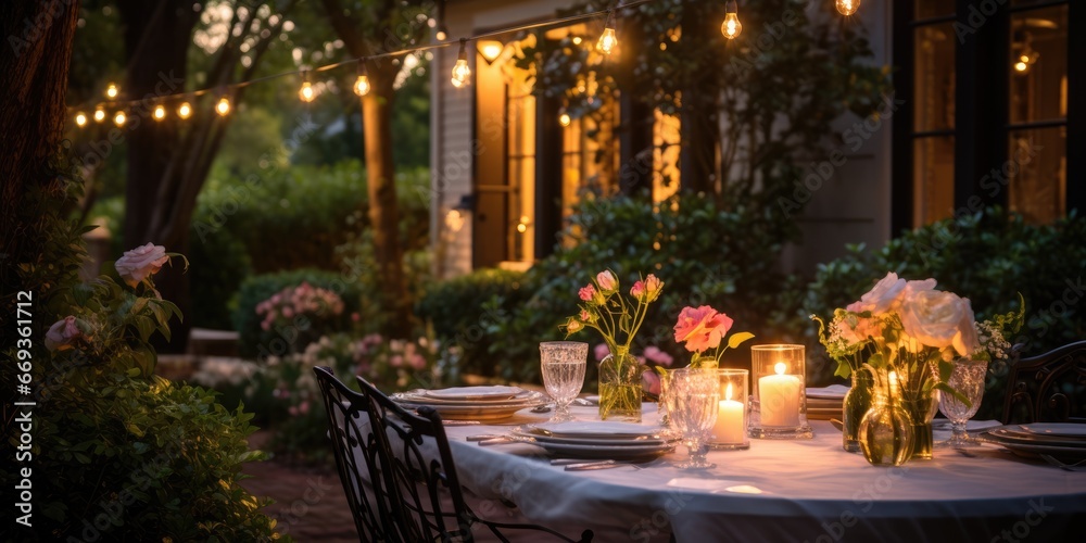 a romantic outdoor dining space with a wrought iron table, draped with flowing white linens ...